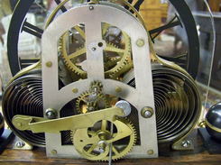 Calendar Clock; Ithaca, Skeleton, Welch 1870 Movement, Glass Dome, 25 inch.