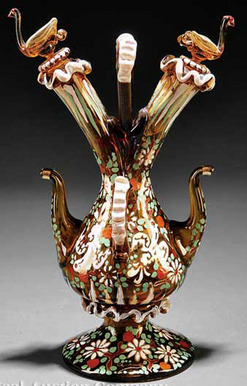 Moser Glass; Vase, Cruet Form, Amber, 2 Spouts, Swan Stoppers, Enameled ...