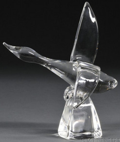 Steuben Glass; Figure, Duck Flying Over Wave, Colorless, 11 inch.