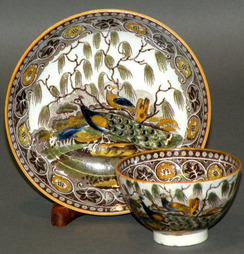 Salopian; Child's Cup & Saucer, Polychrome Transferware, Peafowls, 4 inch.