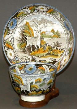 Salopian; Cup & Saucer, Stag Pattern, Transferware, 5 inch.