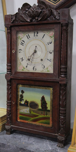 Shelf Clock; Hopkins & Alfred, Column & Splat, Mahogany, 30 Hour, 34 inch.