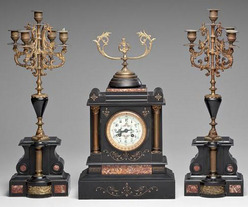 Clock Garniture; French, Raison & Thomas, Black Slate, 3 Pieces.