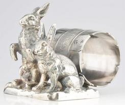 Napkin Ring; Silver, Pairpoint, Two Rabbits, 3 inch.