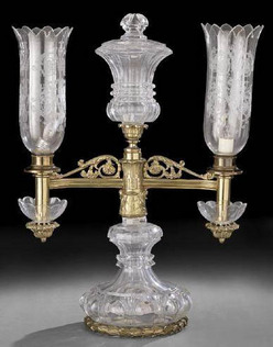 Argand Lamp; English, Bronze, Double Arm, Cut Glass, 25 inch.
