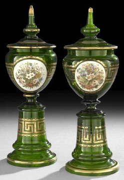 Bohemian Glass; Urns & Covers (2), Floral & Greek Key Decoration ...