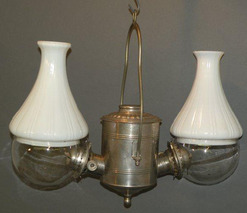 Hanging Lamp; American, Angle Lamp Co, Double Arm, Clear Shade, Milk ...