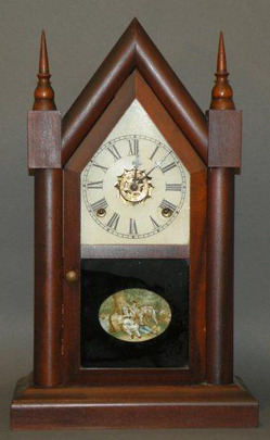Shelf Clock; Waterbury, Steeple (or Sharp Gothic), 8-Day, Mahogany, 19 ...