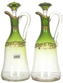 Moser Glass; Cruets (2), Carlsbad, Green to Clear, Gold Enamel Band, 9 ...