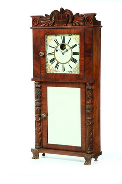 Shelf Clock; Munger (Asa), Column & Splat, Mahogany, Basket Crest, 39 inch.