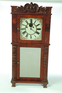 Shelf Clock; Munger (Asa), Column & Splat, Mahogany, Basket Crest, 39 inch.