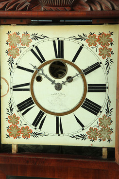 Shelf Clock; Munger (Asa), Column & Splat, Mahogany, Basket Crest, 39 inch.