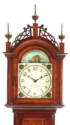 Dwarf Clock; American, Federal Style, Bailey (John), manner of, Mahogany, Fretwork Crest, 52 inch.