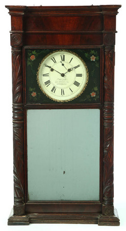 Shelf Clock; Munger (Asa), Mahogany, Flat Top, Carved Columns, Painted ...