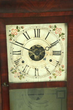 Shelf Clock; Clarke, Gilbert & Co, Hollow Column, Mahogany, Floral Dial ...