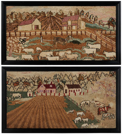 Hooked Rug (2); Pictorial, Farm Scenes, Barns, Animals in Pasture ...
