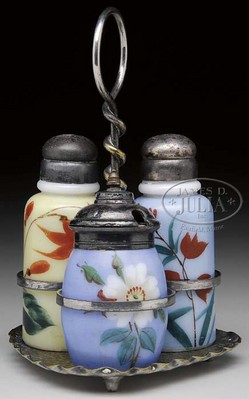 Art Glass; Condiment Set, Fuchsia Blossoms & Bellflowers, Silverplated ...
