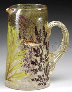 Moser Glass; Water Pitcher, Reeded Handle, Fish & Seaweed, Citrine ...