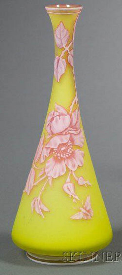 Webb Glass; Cameo, Vase, Wild Roses & Butterflies, Citron, 9 inch.