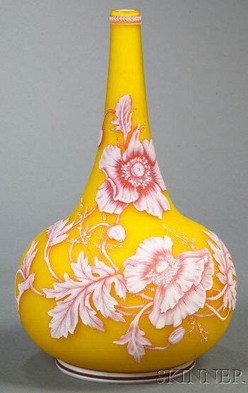 Webb Glass; Cameo, Vase, Bulbous, Poppies & Moths, Yellow, 12 inch.
