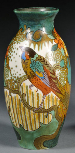 Gouda Pottery; Vase, PZH, Golden Ete Pattern, Bird on Branch, Semi ...