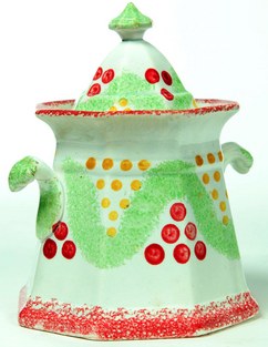 Spatterware; Christmas Balls, Sugar Bowl, Covered, Paneled, Red, Green ...