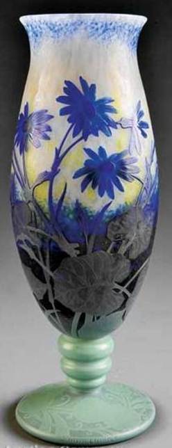 Daum Nancy Glass; Cameo, Vase, Blue Flowers, Green Base, 16 inch.