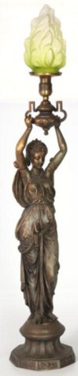 Newel Post Lamp; French, Classical Maiden, White Metal, Flame Green ... Newel Post Lamp; French, Classical Maiden, White Metal, Flame Green ...