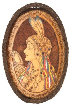 Tray; Flemish Art Co, Wood, Pyographic Portrait, Native American Woman ...