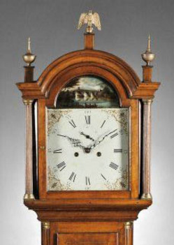 Tall Case Clock; New Hampshire, Federal, Cherry, Dome Top, Painted Iron Dial, 8 Day, 88 inch.