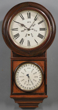 Calendar Clock; Welch Spring Co, Wall, Round Head, Rosewood, 8 Day, 32 ...