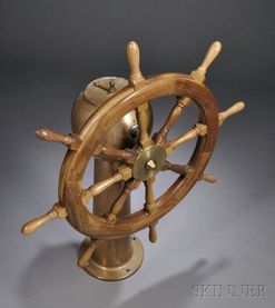 Ship Wheel; Teak, 8 Spokes, Brass Column, Bronze Rudder Indicator, 46 inch.