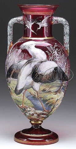 Moser Glass; Vase, Handled, Heron by Stream, Enamel Decoration ...