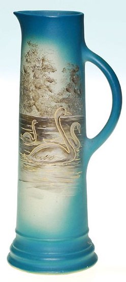 Weller Pottery; Wilson (Albert), Tankard, Swans in Pond, Etched Matte ...