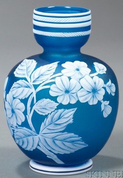 Webb Glass; Cameo, Vase, Blossoms & Leaves, Blue Ground, 5 inch.