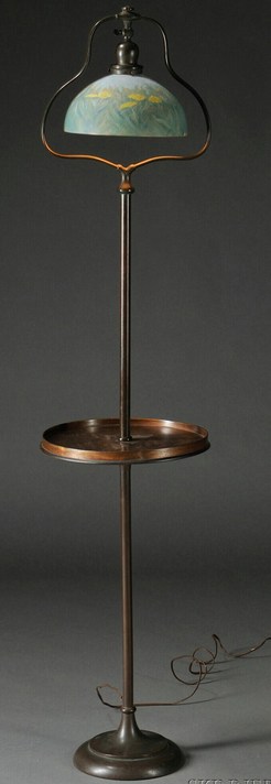 Floor Lamp; American, Handel, Harp Base, Mosserine Floral Dome Shade ...