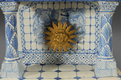 Shelf Clock; Dutch, Faience, Building Form, Fot Bte Works, 18 inch.