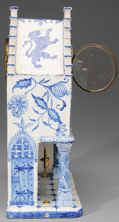 Shelf Clock; Dutch, Faience, Building Form, Fot Bte Works, 18 inch.