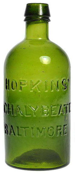 Mineral Water Bottle; Hopkins Chalybeate, Baltimore, Lime Green, Pint.