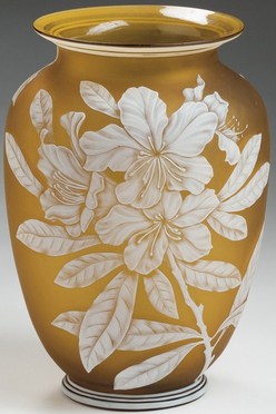 Webb Glass?; Cameo, Vase, Passion Flowers & Butterfly, Citron, 8 inch.