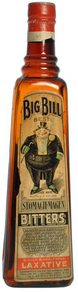 Bitters Bottle; Big Bill Best Bitters, Amber, Labels, Foil Seal, 12 inch.