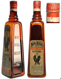Bitters Bottle; Big Bill Best Bitters, Amber, Labels, Foil Seal, 12 inch.