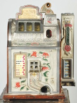 Slot Machine; Mills, Poinsettia, Marquee, Confections Side Vendor, 5 Cent.