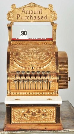 Cash Register; National, Model 317, Brass, Marquee, Side Receipt.