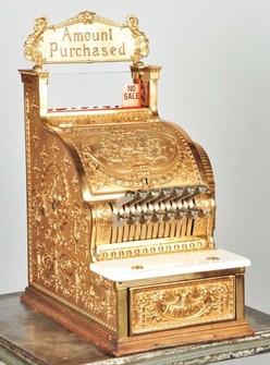 Cash Register; National, Model 317, Brass, Marquee, Side Receipt.