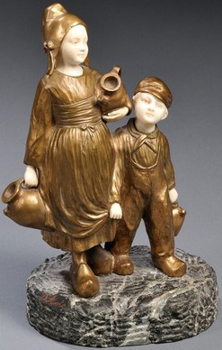 Bronze Sculpture; D'Aste (Joseph), after, Dutch Girl & Boy with Jugs, 8 ...
