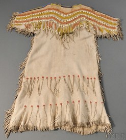 Clothing; Cheyenne, Dress, Girl's, Beaded Hide, Brass Bells & Cowrie ...