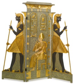 Screen; Egyptian, Painted, Seated Pharoah & Guards, 3 Panels, 70 inch.