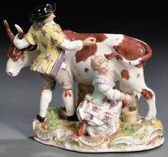 Meissen Porcelain; Figural Group, Farmer with Cow & Milkmaid ...
