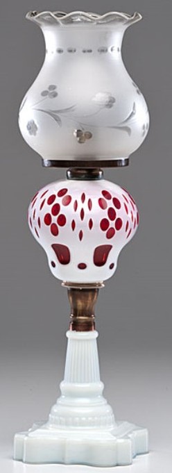 Oil Lamp; Sandwich Glass?, Cut Overlay, White to Ruby, White Pressed ...